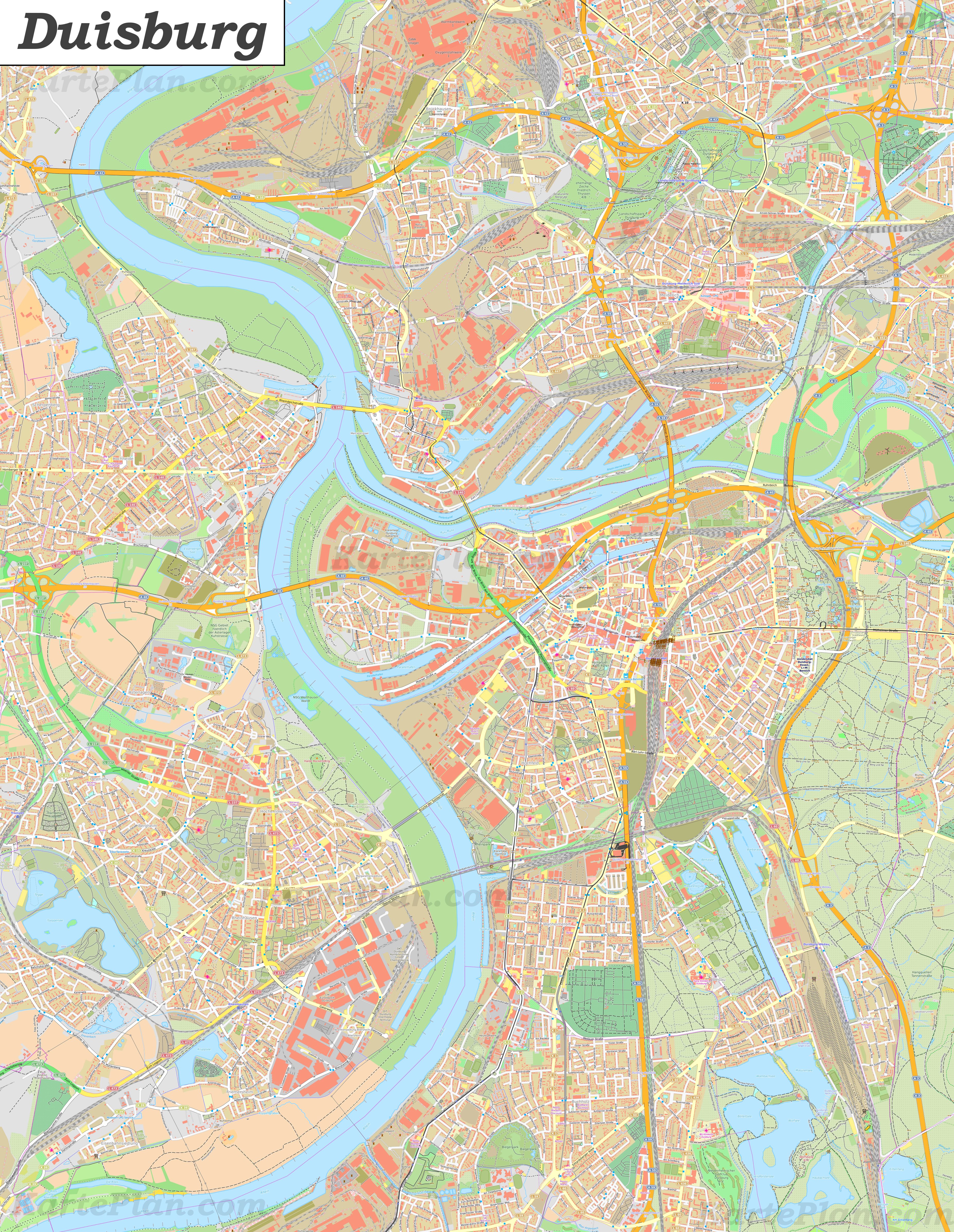 Große detaillierte stadtplan von Duisburg